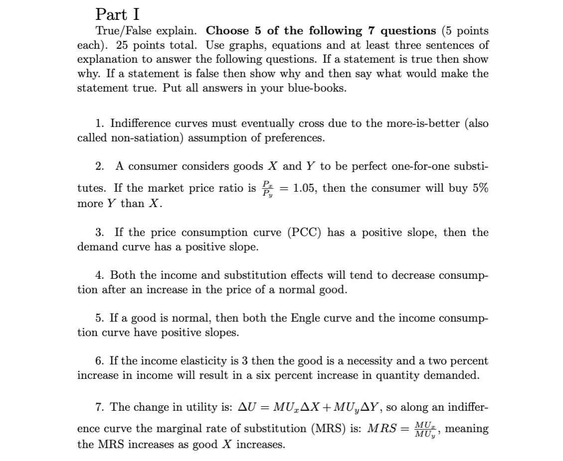 Solved Part I True/False explain. Choose 5 of the following | Chegg.com