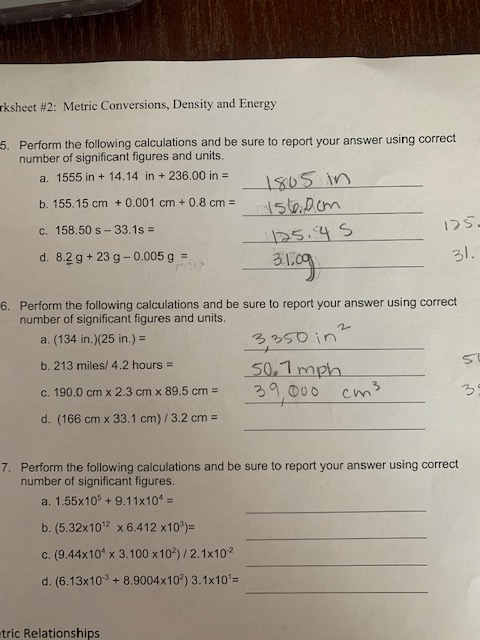 Solved rksheet #2: Metric Conversions, Density and Energy 5. | Chegg.com