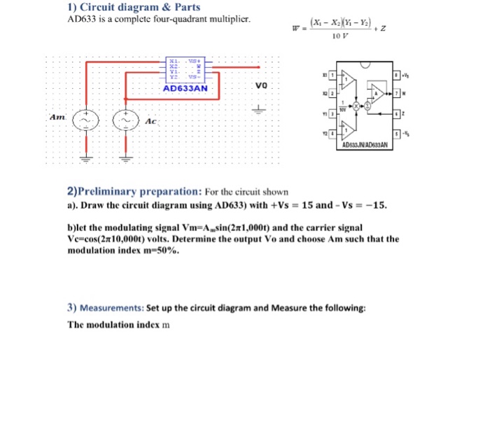 Solved 1) Circuit diagram&Parts AD633 is a complete | Chegg.com