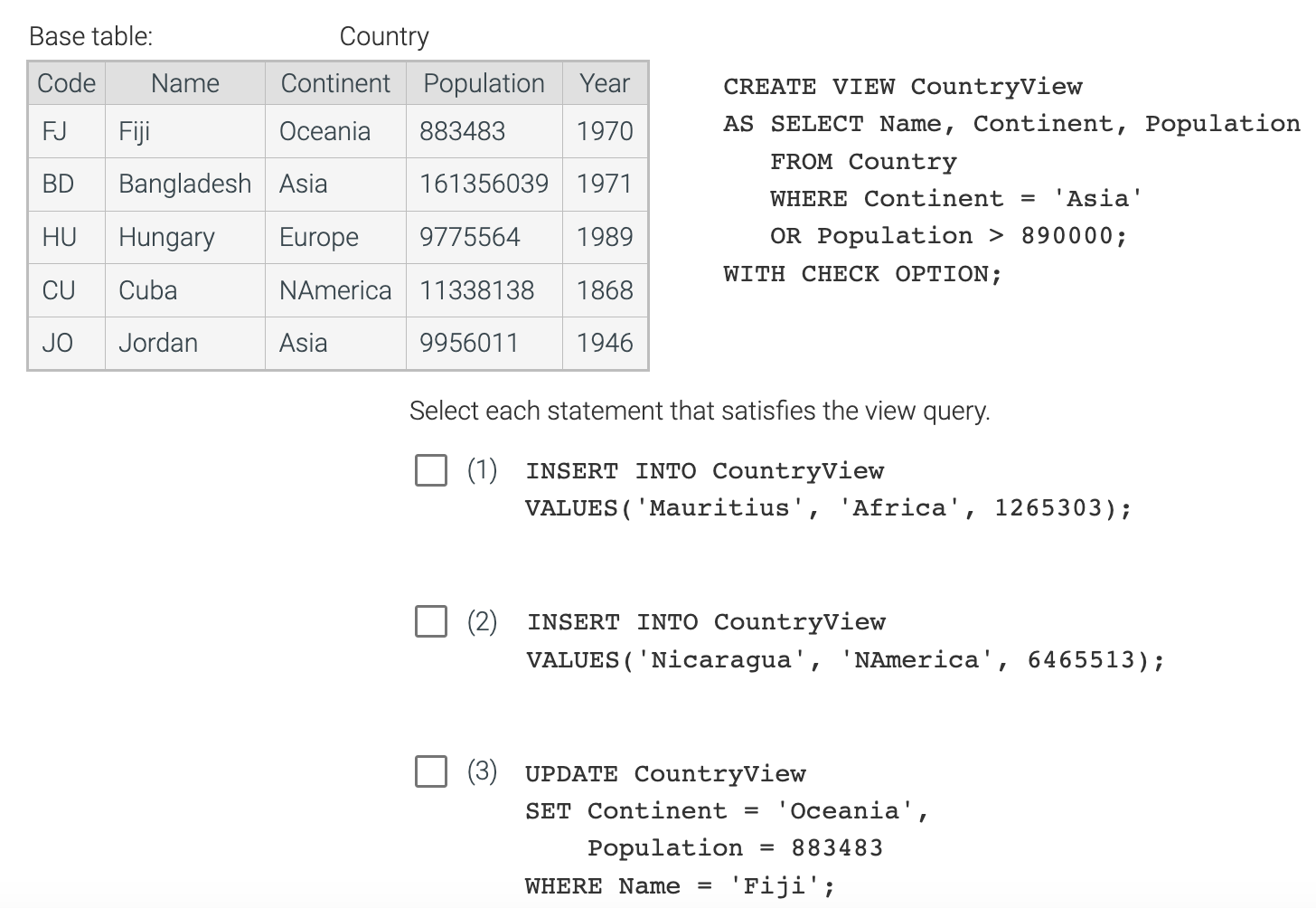 Solved Select each statement that satisfies the view | Chegg.com