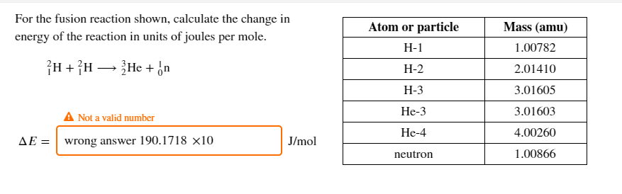 Solved Mass (amu) For the fusion reaction shown, calculate | Chegg.com