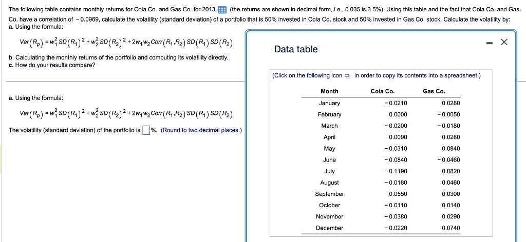 Solved The following table contains monthly returns for Cola | Chegg.com