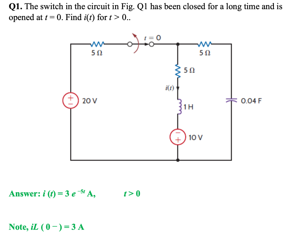 Solved Q1. The switch in the circuit in Fig. Q1 has been | Chegg.com
