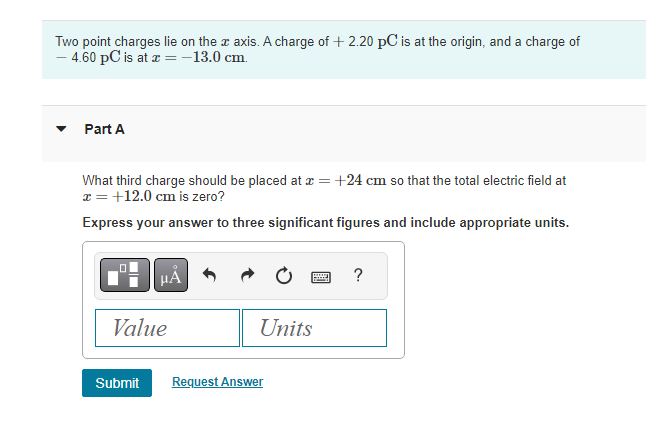 Solved Two point charges lie on the x axis. A charge of | Chegg.com