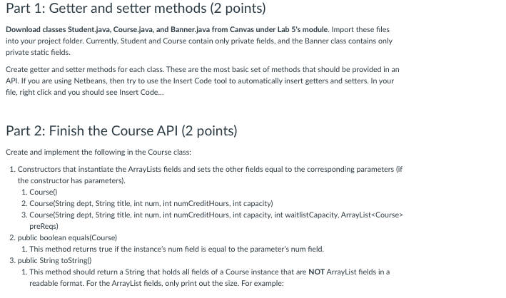 Part 1: Getter and setter methods (2 points) Download | Chegg.com