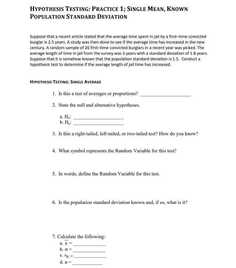 Solved Hypothesis Testing: Practice 1; Single Mean, Known | Chegg.com