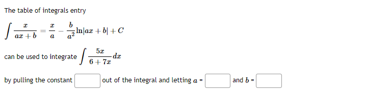 Solved The table of integrals entry ∫ax+bx=ax−a2bln∣ax+b∣+C | Chegg.com