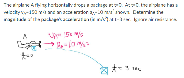 Solved The airplane A flying horizontally drops a package at | Chegg.com