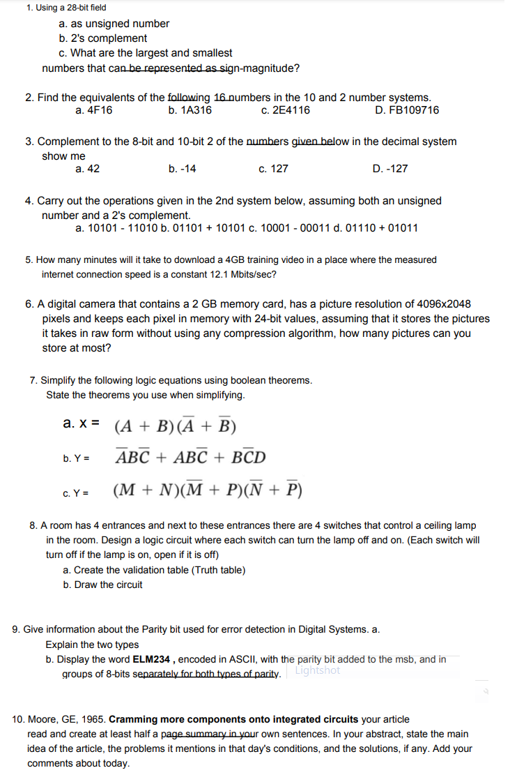 Solved 1. Using a 28-bit field a. as unsigned number b. 2's | Chegg.com