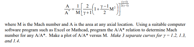 Solved A∗A=M1[γ+12(1+2γ−1M2)]2(γ−1)(γ+1) where M is the Mach | Chegg.com