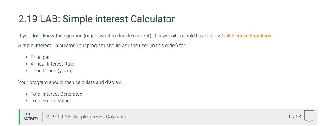 Solved 2.19 LAB: Simple interest Calculator If you don't | Chegg.com