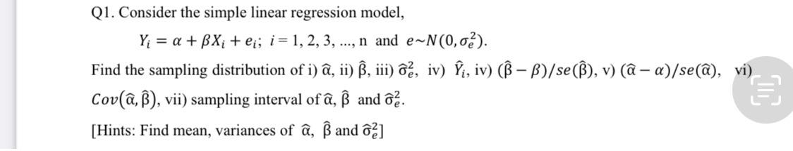 Solved Q1. Consider the simple linear regression model, | Chegg.com