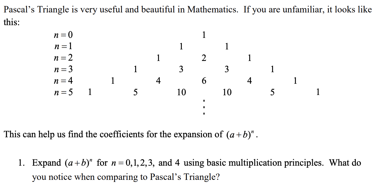 Solved = Pascal's Triangle is very useful and beautiful in | Chegg.com