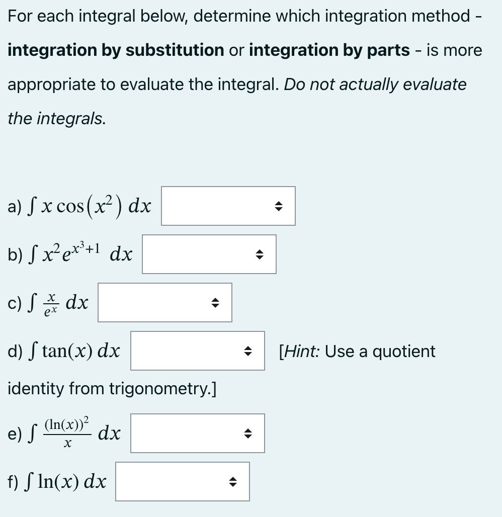 Solved For each integral below, determine which integration | Chegg.com