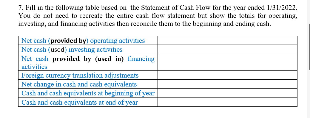 Solved 7. Fill in the following table based on the Statement | Chegg.com