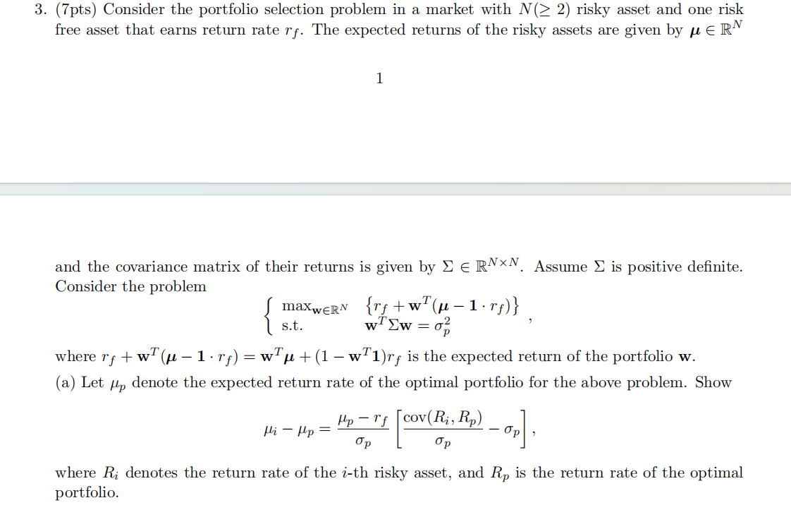 Solved 3. (7pts) Consider the portfolio selection problem in | Chegg.com