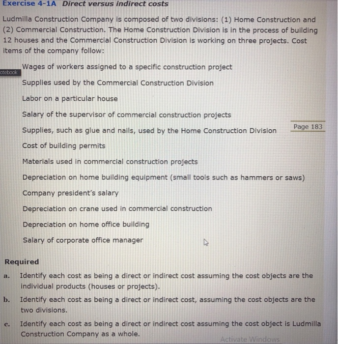 Solved Exercise 4-1A Direct versus indirect costs Ludmilla | Chegg.com