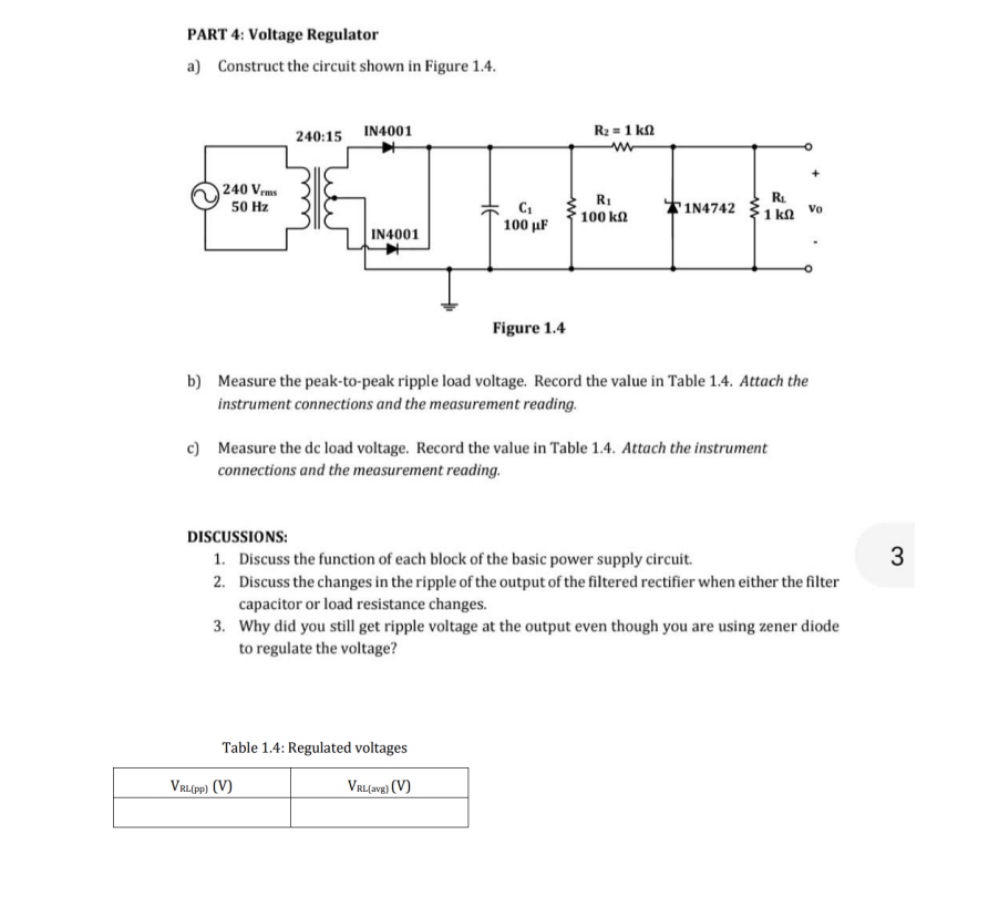 Solved PART 4: Voltage Regulator a) Construct the circuit | Chegg.com
