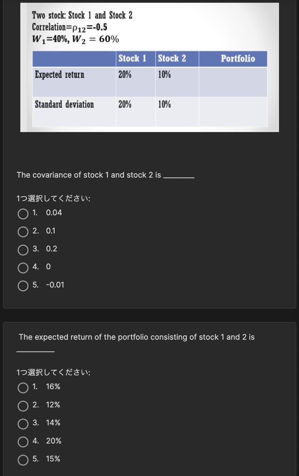 Solved Two stock: Stock 1 and Stock 2 Correlation | Chegg.com