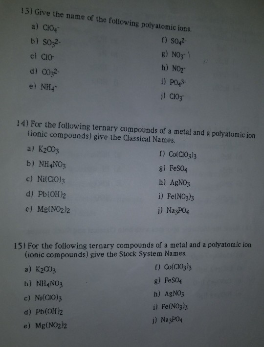 Solved 13) Give the name of the following polyatomic ions. | Chegg.com