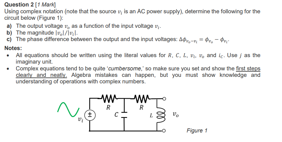 Solved Using complex notation (note that the source 𝑣𝑖 is | Chegg.com
