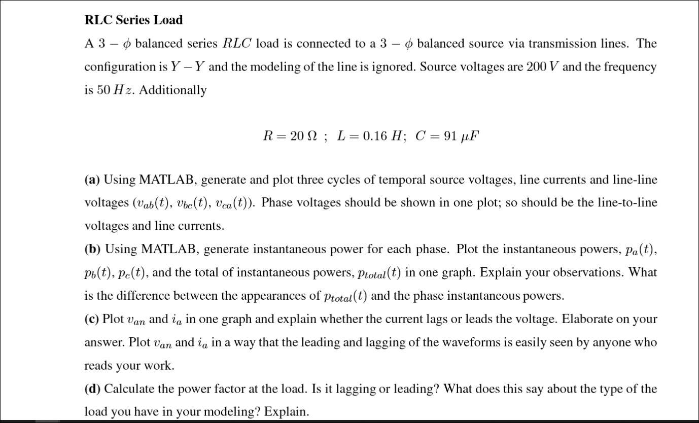 Solved RLC Series Load A 3 - 0 balanced series RLC load is | Chegg.com