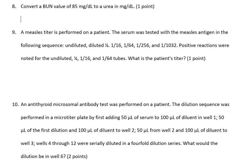Solved 8. Convert a BUN value of 85mg/dL to a urea in mg/dL. | Chegg.com