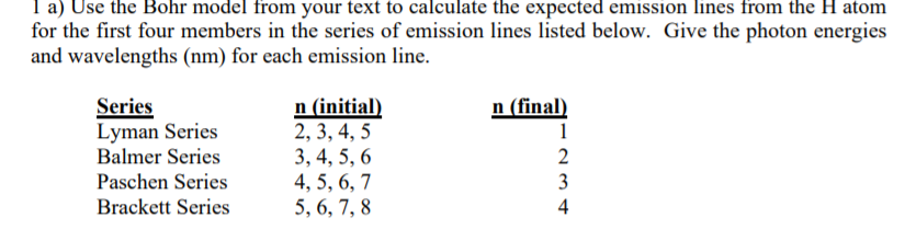Solved 1 a) Use the Bohr model from your text to calculate | Chegg.com