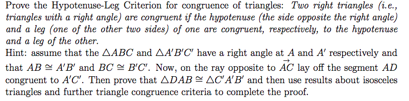 Solved Prove the Hypotenuse-Leg Criterion for congruence of | Chegg.com