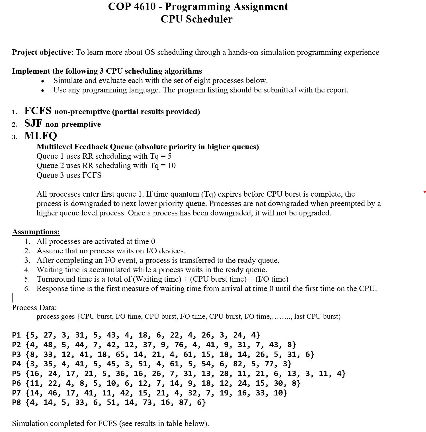 COP 4610 - Programming Assignment CPU Scheduler | Chegg.com