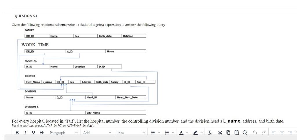 Solved QUESTION 52 Given the following relational schema | Chegg.com
