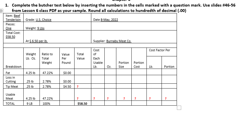 Solved 1. Complete the butcher test below by inserting the | Chegg.com