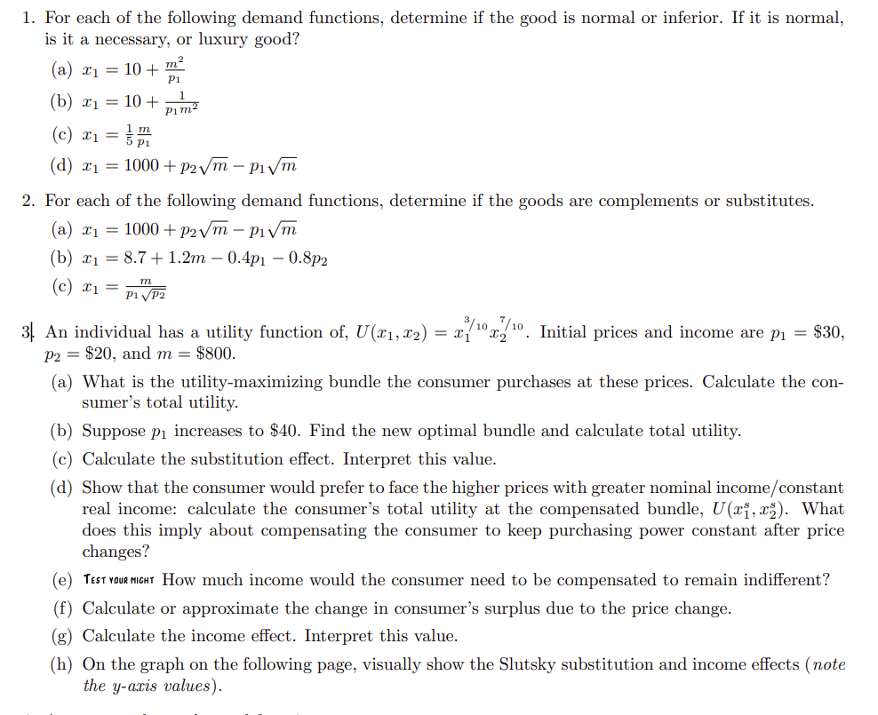 Solved 1. For each of the following demand functions, | Chegg.com