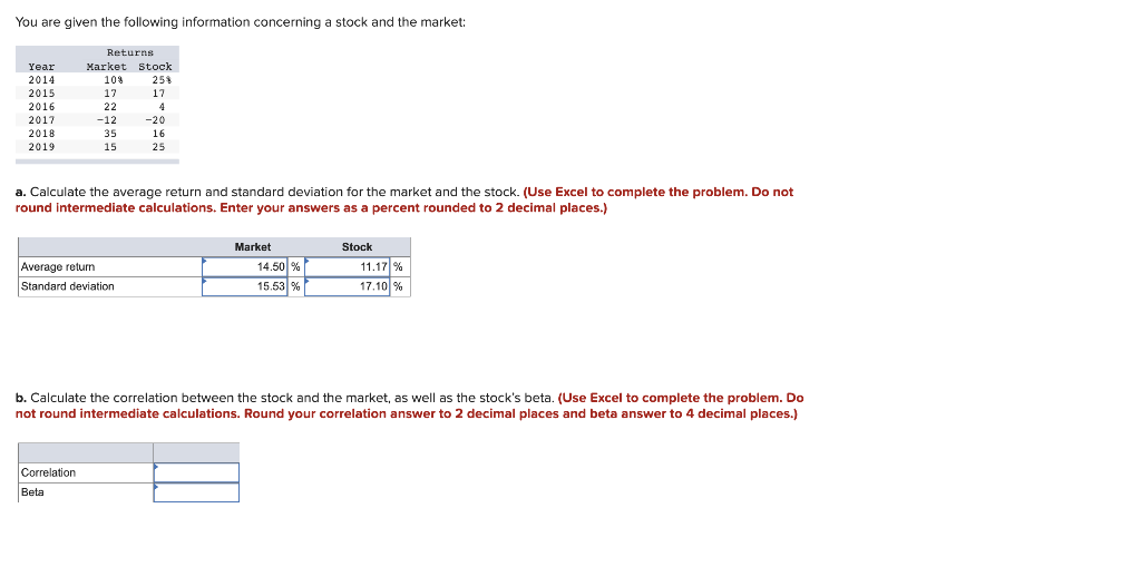 NEED CORRELATION BETWEEN THE STOCK AND THE MARKET, | Chegg.com