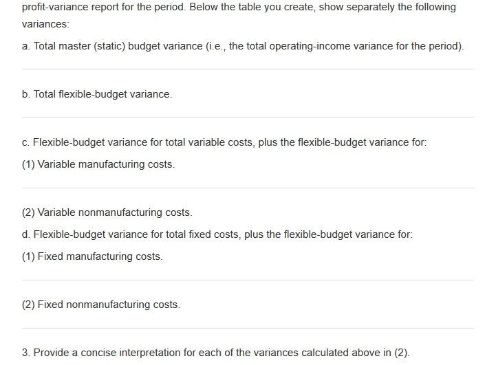 Master Budget, Flexible Budget, and Profit-Variance | Chegg.com