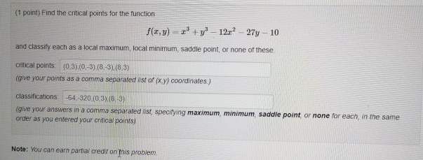 Solved (1 point) Find the critical points for the function | Chegg.com