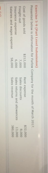 Solved Exercise 5-9 (Part Level Submission) Presented below | Chegg.com