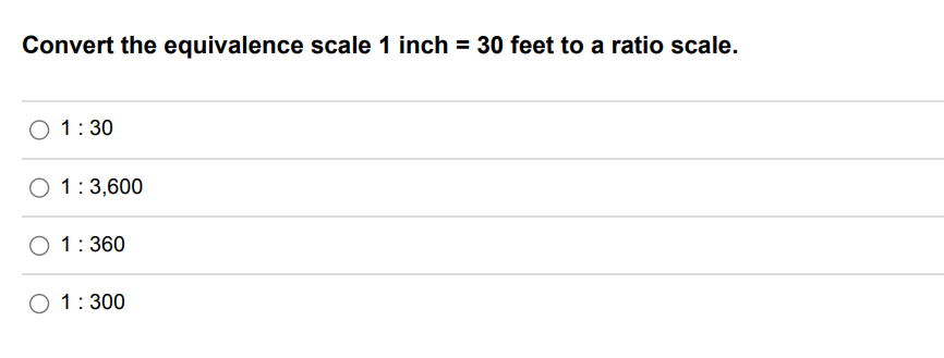 Solved Convert the equivalence scale 1 inch = 30 feet to a | Chegg.com