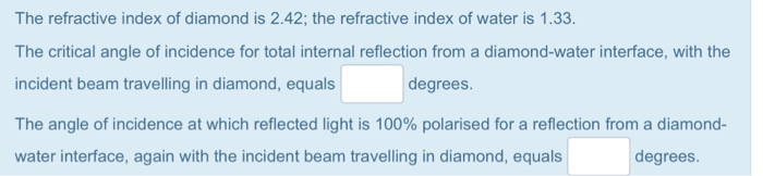 Solved The refractive index of diamond is 2.42; the | Chegg.com
