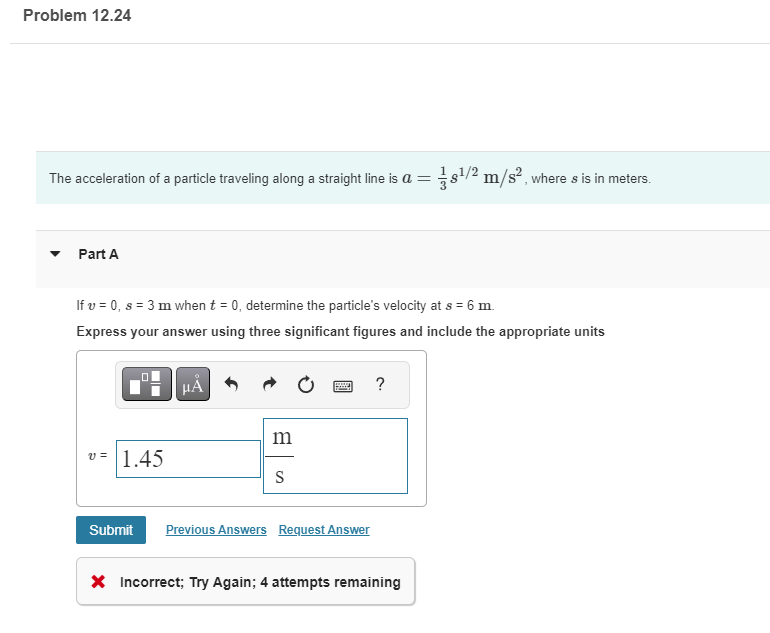 Solved Problem 12.24The acceleration of a particle traveling | Chegg.com