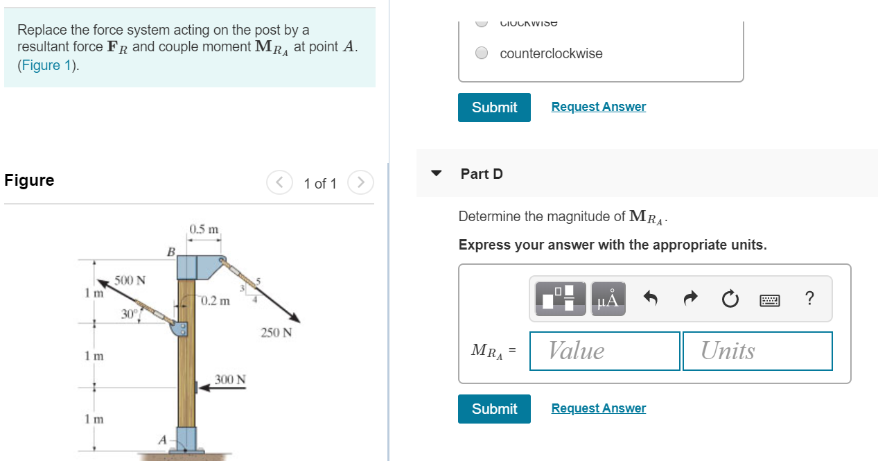 Solved Replace the force system acting on the post by a | Chegg.com