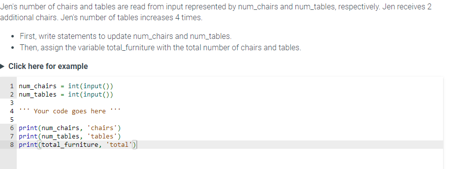 Solved Jen's number of chairs and tables are read from input | Chegg.com