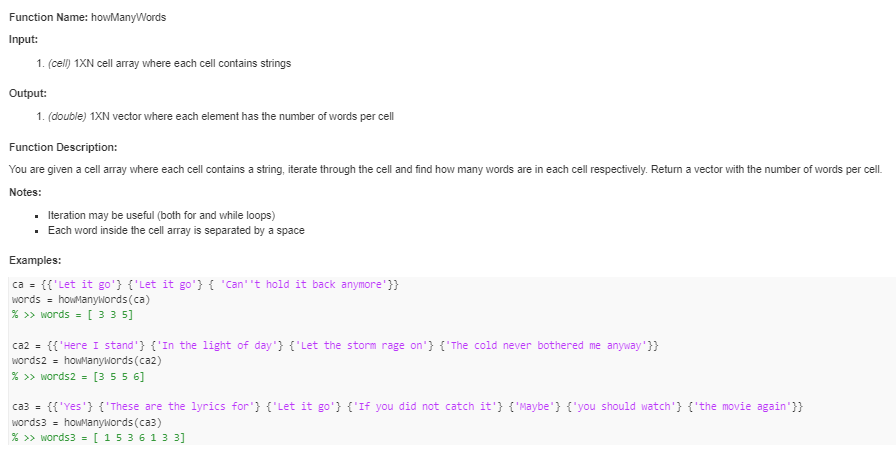 Solved Function Name: howManyWords Input: 1. (cell) 1×N cell | Chegg.com
