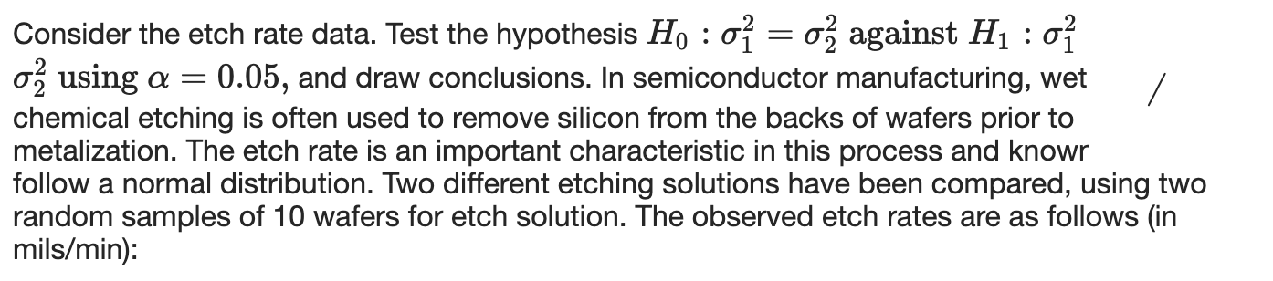 Solved Consider the etch rate data. Test the hypothesis Ho : | Chegg.com