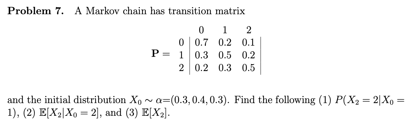 Solved Problem 7. ﻿A Markov chain has transition matrixand | Chegg.com