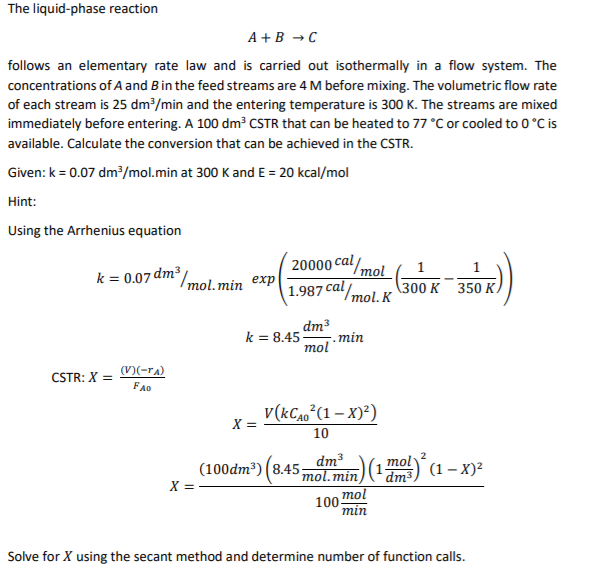 Solved The liquid-phase reaction A+B → follows an elementary | Chegg.com