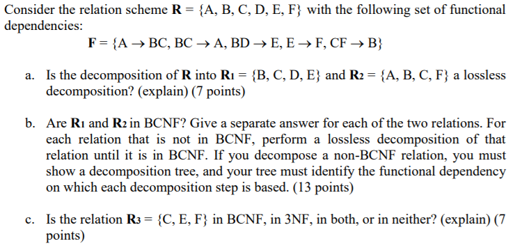 Solved Consider the relation scheme R- A, B, C, D, E, F with | Chegg.com