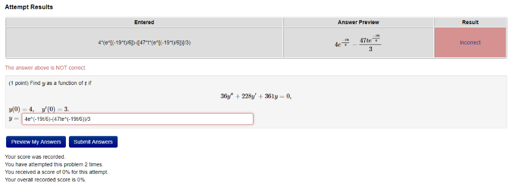 Solved Attempt Results Entered Answer Preview Result e47te | Chegg.com