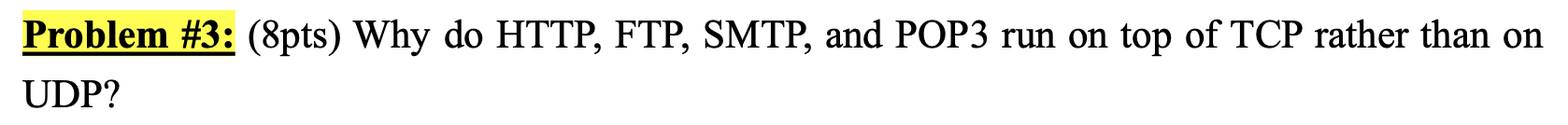 Solved Problem #3: (8pts) Why do HTTP, FTP, SMTP, and POP3 | Chegg.com
