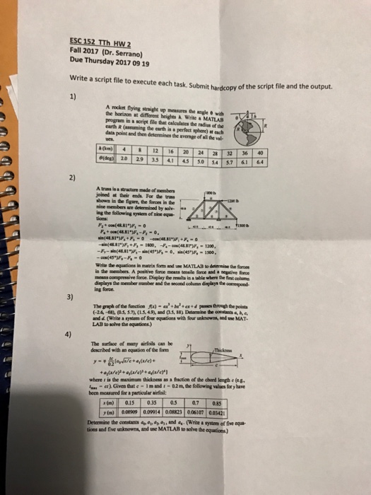 Solved ESC 152 TTh HW 2 Fall 2017 (Dr. Serrano) Due Thursday | Chegg.com